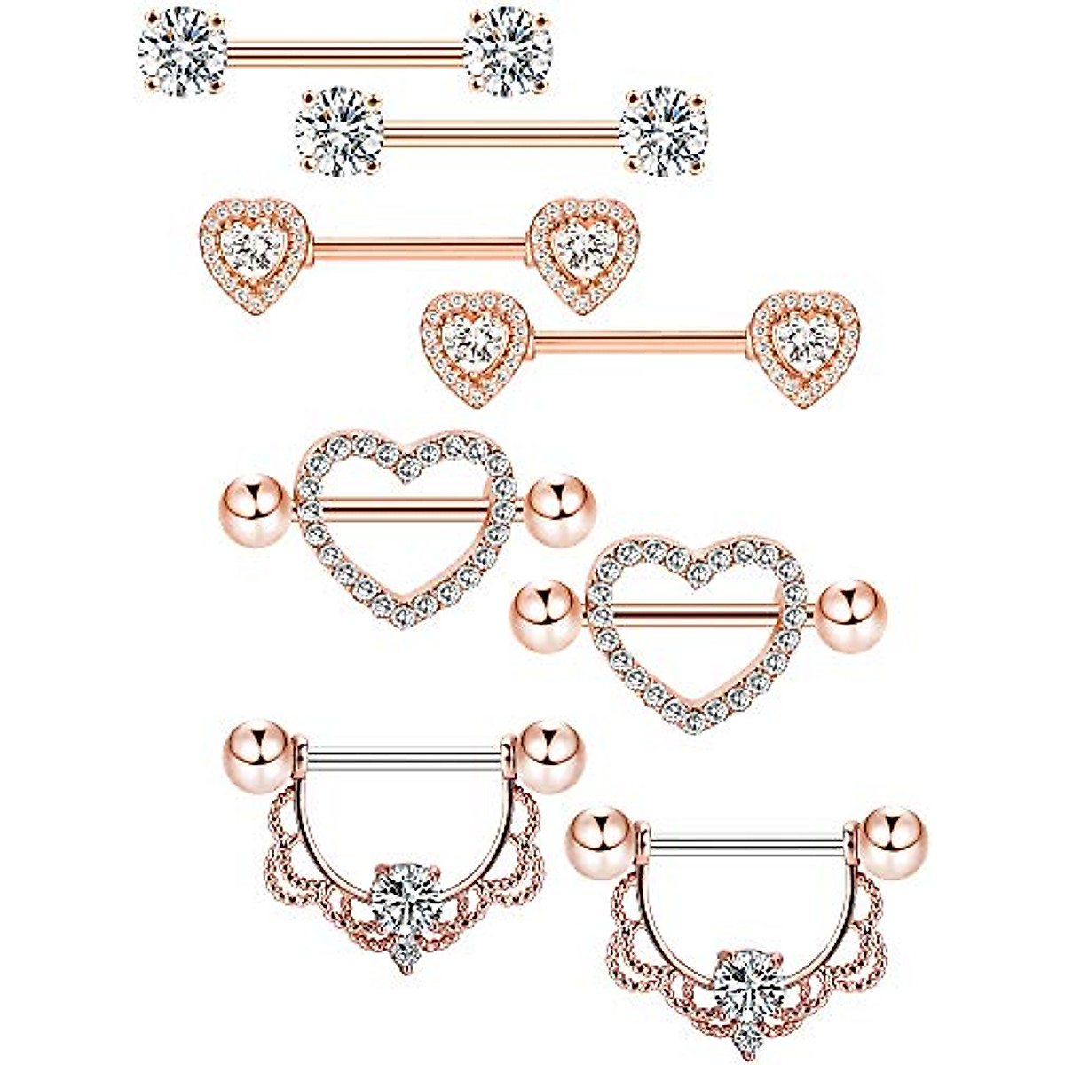 4 Pairs Stainless Steel Nipple Rings Tongue Ring Piercing Body Jewelry Barbell CZ Heart Shape Rings for Women (Rose Gold Bar and White Zirconia)