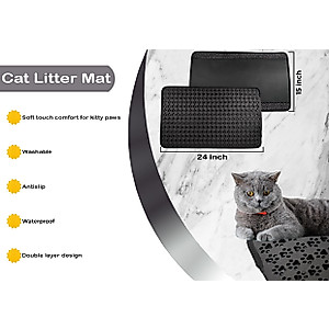 KAYOUBI Cat Litter Mat Litter Trapping Mat (Right Hand Pet Grooming Gloves Cat Brushes Included) Double-Layer Kitty Paw Design Kitty Mat (with Glove for GentleShedding) (WITH GLOVE, BLACK BLUE)