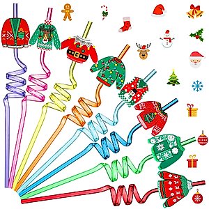 Skyley 24 Pieces Ugly Sweater Christmas Straws Sweater Straws Silly Drinking Straws Ugly Sweater Decorations Kids Adults Party, 8 Colors,Yellow,Orange,Blue,Green,Pink,Red,Purple, One Size