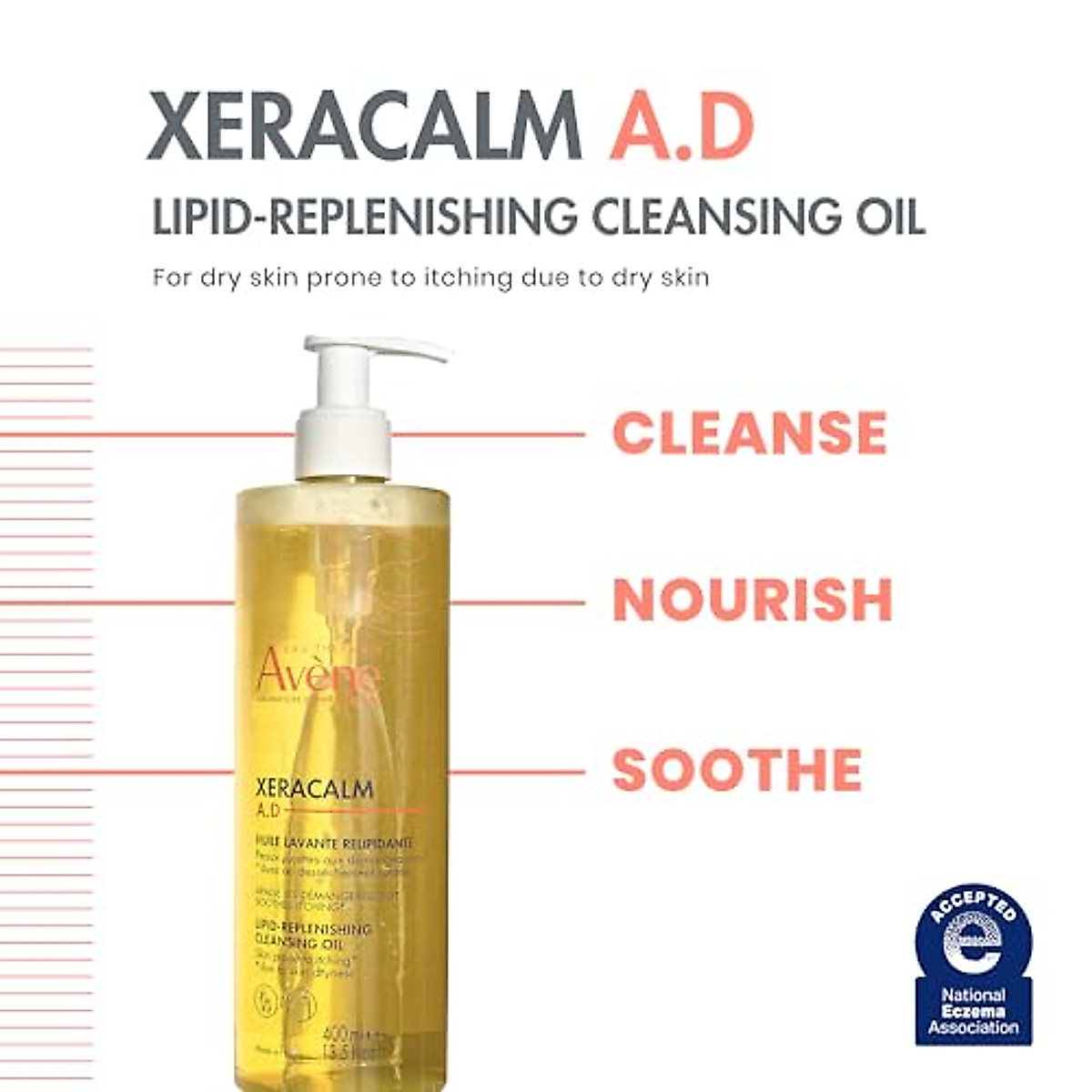 Avene XeraCalm A.D Lipid-Replenishing Cleansing Oil, Atopic Dermatitis, Eczema-Prone, Fragrance-Free, Pump, 13.5 Oz
