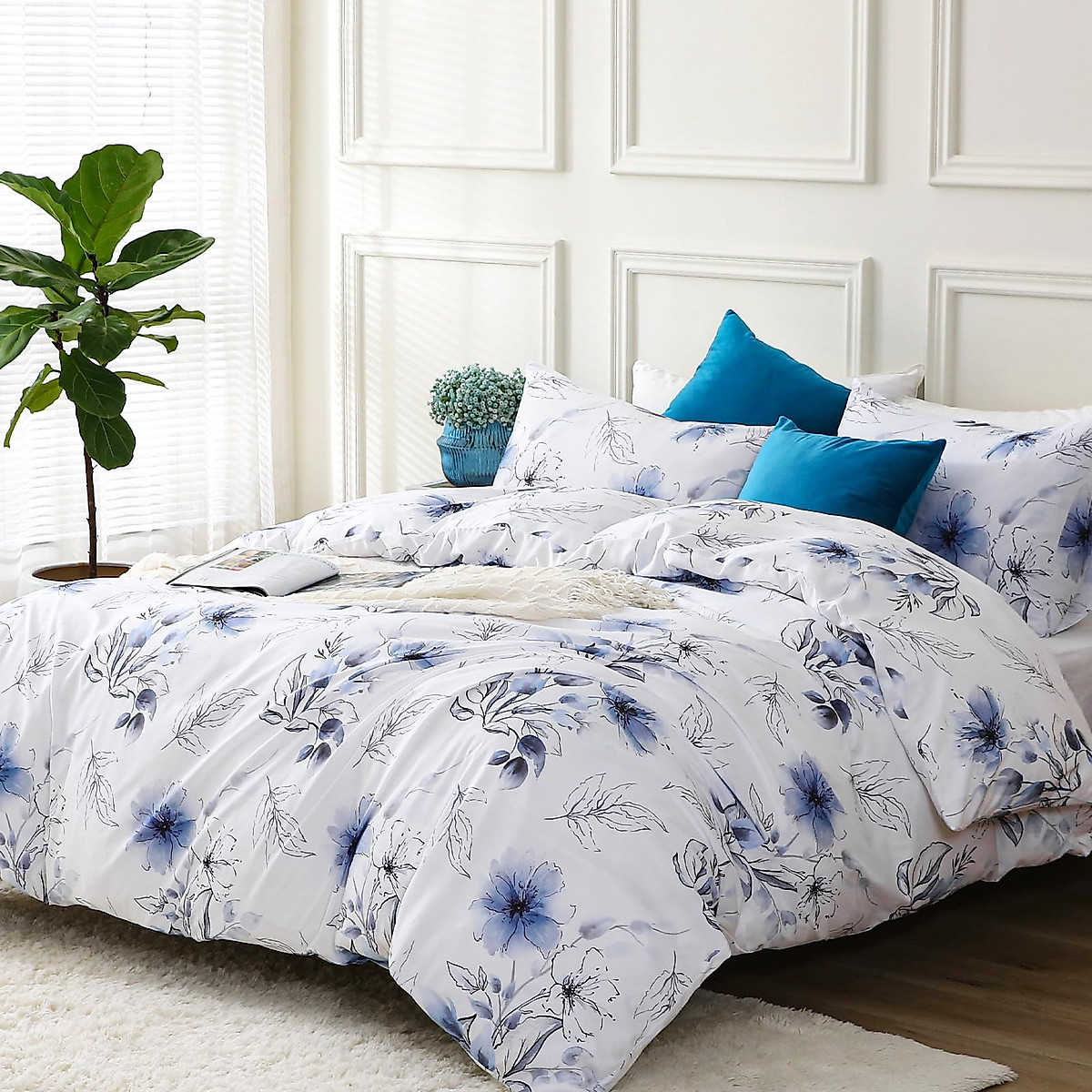 DESIHOM Blue Floral Duvet Cover Queen Size Coquette Flower Duvet Covers Set 3 Pieces with Zipper Closure, Aesthetic Reversible Queen Comforter Quilt Cover Microfiber Bedding Set