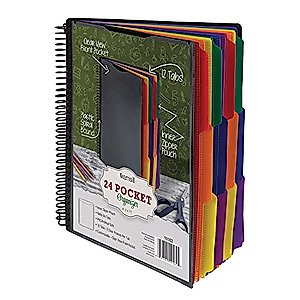 Samsill 24 Pocket Spiral Project Organizer with 12 Dividers, Customizable Front Cover, Erasable Write On Tabs in Assorted Colors, Plastic Folders with Pockets