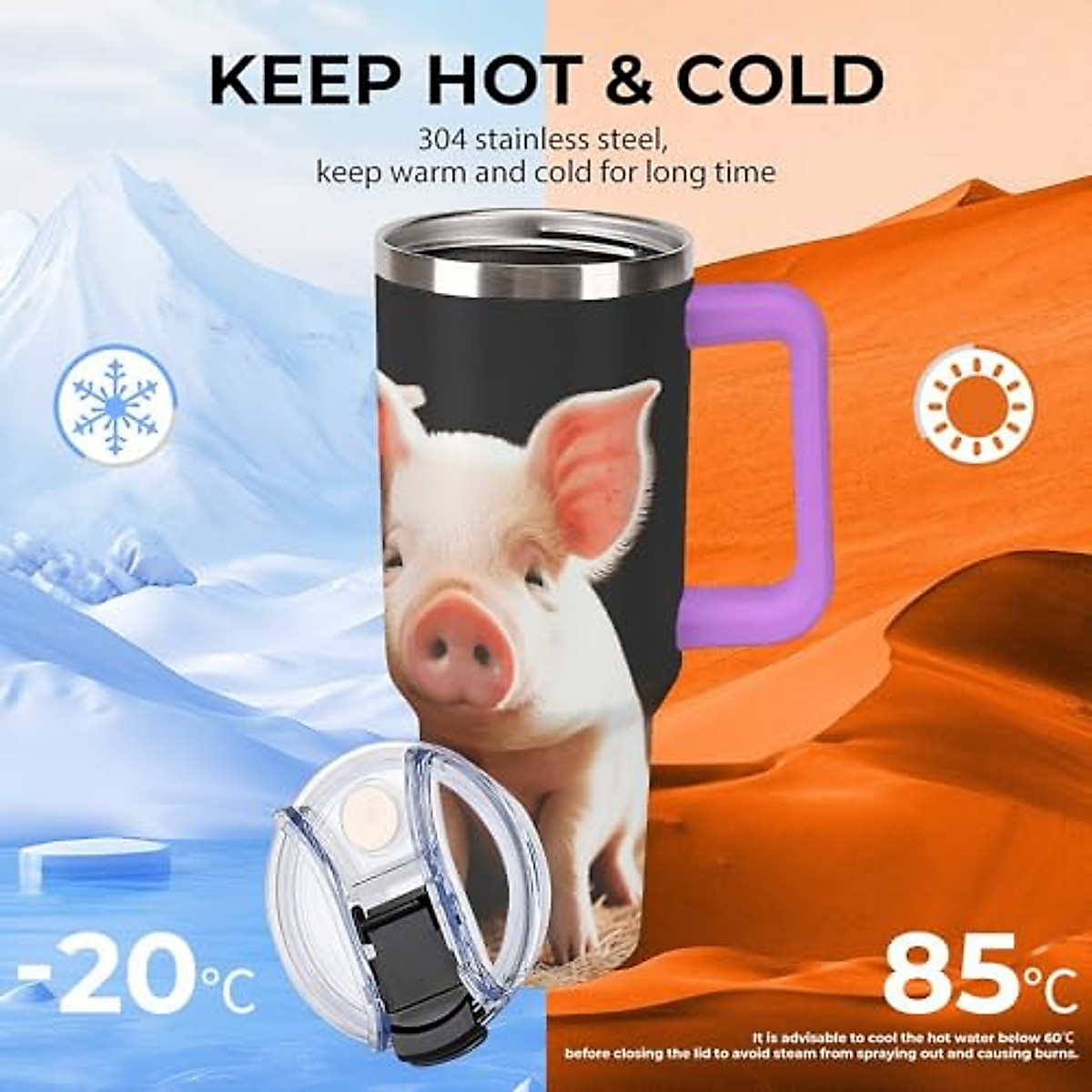 LLUTSNTH 40 Oz Vacuum Tumbler with Violet Handle Leakproof Insulated Tumbler Cute Pigs Stainless Steel Travel Mug with Lid And Straw Coffee Cup Cute Water Bottles Cup Holder Friendly