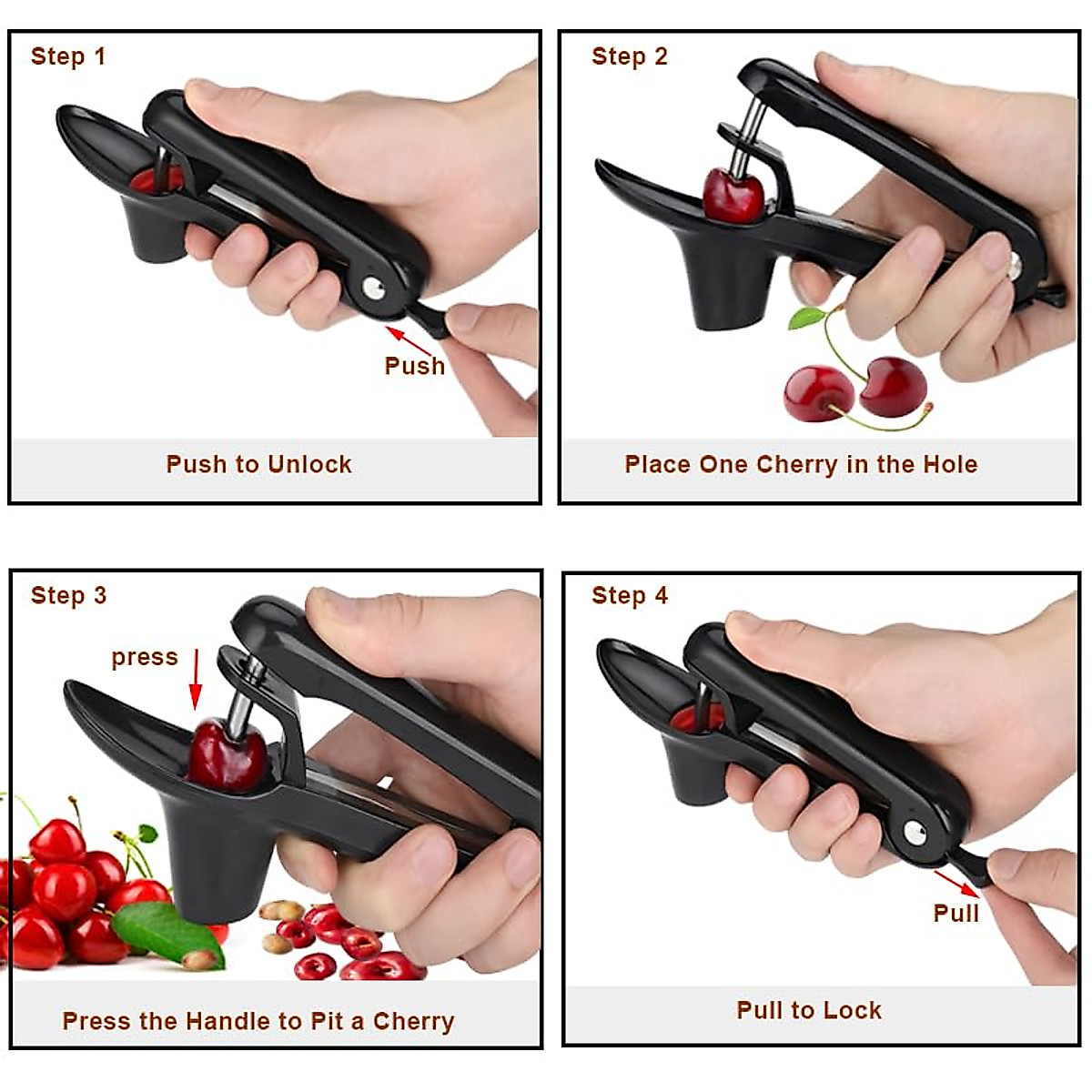 Cherry Pitter - Stainless Steel Olive and Cherries Pitters Corer Tool with Space-Saving Lock Design, Multi-Function Fruit Pit Remover for Cherry Jam (Black)