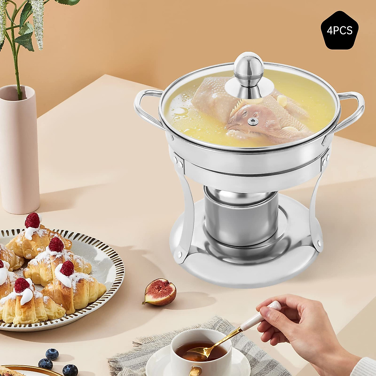 Round Chafing Dish Buffet Set of 4 Stainless Steel Pack Warming Trays Buffet Warmer for Buffets with Lid for Single Hot Pot Catering Event Parties