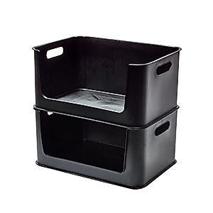 iDesign Recycled Plastic Large Open Front Handles, Set of 2 – Stackable Bins for Garage Organization and Storage, 11.9” x 16.9” x 8”, Matte Black