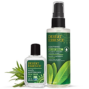 Desert Essence Relief Spray - 4 Fl Oz - Antiseptic Eco-Harvest Tea Tree Oil & Other Essential Oils - Natural First Aid - Minor Burns - Sunburn - Insect Bites - Scrapes - May Comfort Aching Feet