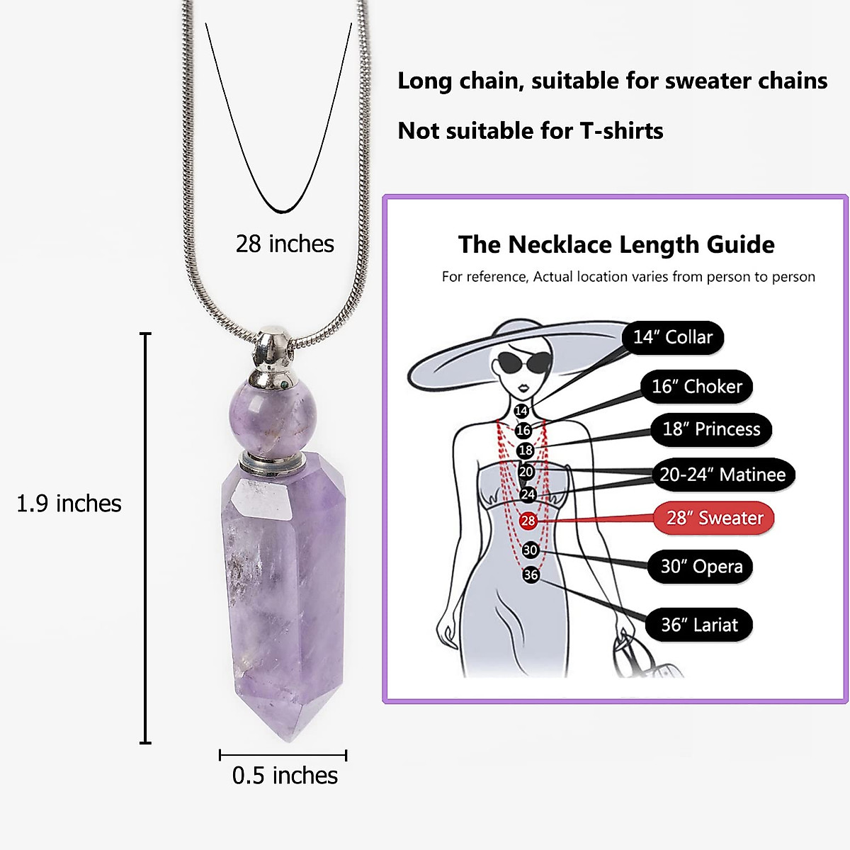 AMOYSTONE 1P Natural Amethyst Healing Oil Crystals Perfume Bottle Necklace Aromatherapy Bullet Shape Pendant Womens Gift
