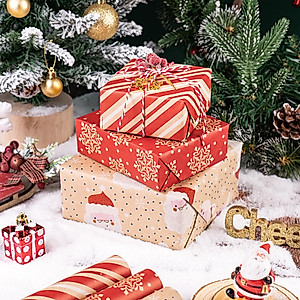 WRAPAHOLIC Kraft Christmas Wrapping Paper Roll - Mini Roll - 3 Rolls - 17 Inch X 120 Inch Per Roll - Red and White Santa Claus, Snowflake Holiday Collection with Faint Fragrance