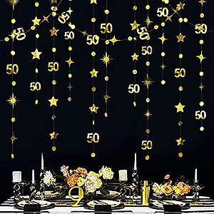 Gold 50th Birthday Decorations Number 50 Circle Dot Twinkle Star Garland Metallic Hanging Streamer Bunting Banner Backdrop for 50 Year Old Birthday Happy 50th Anniversary Fiftieth Party Supplies