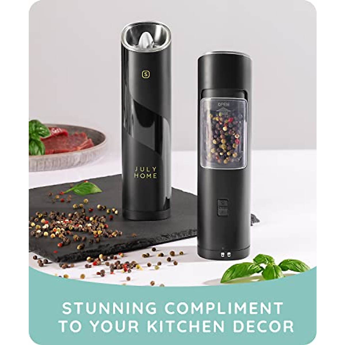 JULY HOME Gravity Electric Salt and Pepper Grinder Set, 2 Pack, Battery Operated, Adjustable Coarseness, One Hand Operation Electric Pepper Grinder with LED Light & Cleaning Brush (Packaging may vary)