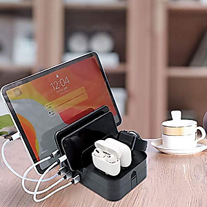 Charging Station for Multiple Devices 6 Port 30W MUZHI Fast Multi USB Charger Station Dock HUB Desktop Wall Charge Stand Organizer for iPad iPhone Airpods iwatch Kindle Tablet Smart Cell Phones Black