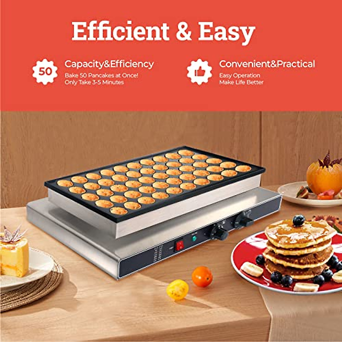 Mini Pancakes Maker, 50PCS Arepa Maker 1700W 1.8 Inches Mini Pie Maker Stainless Steel Commercial Electric Baker Machine Nonstick Poffertjes Pan for Home Kitchen Restaurant Snack Bar (US plug 110V)