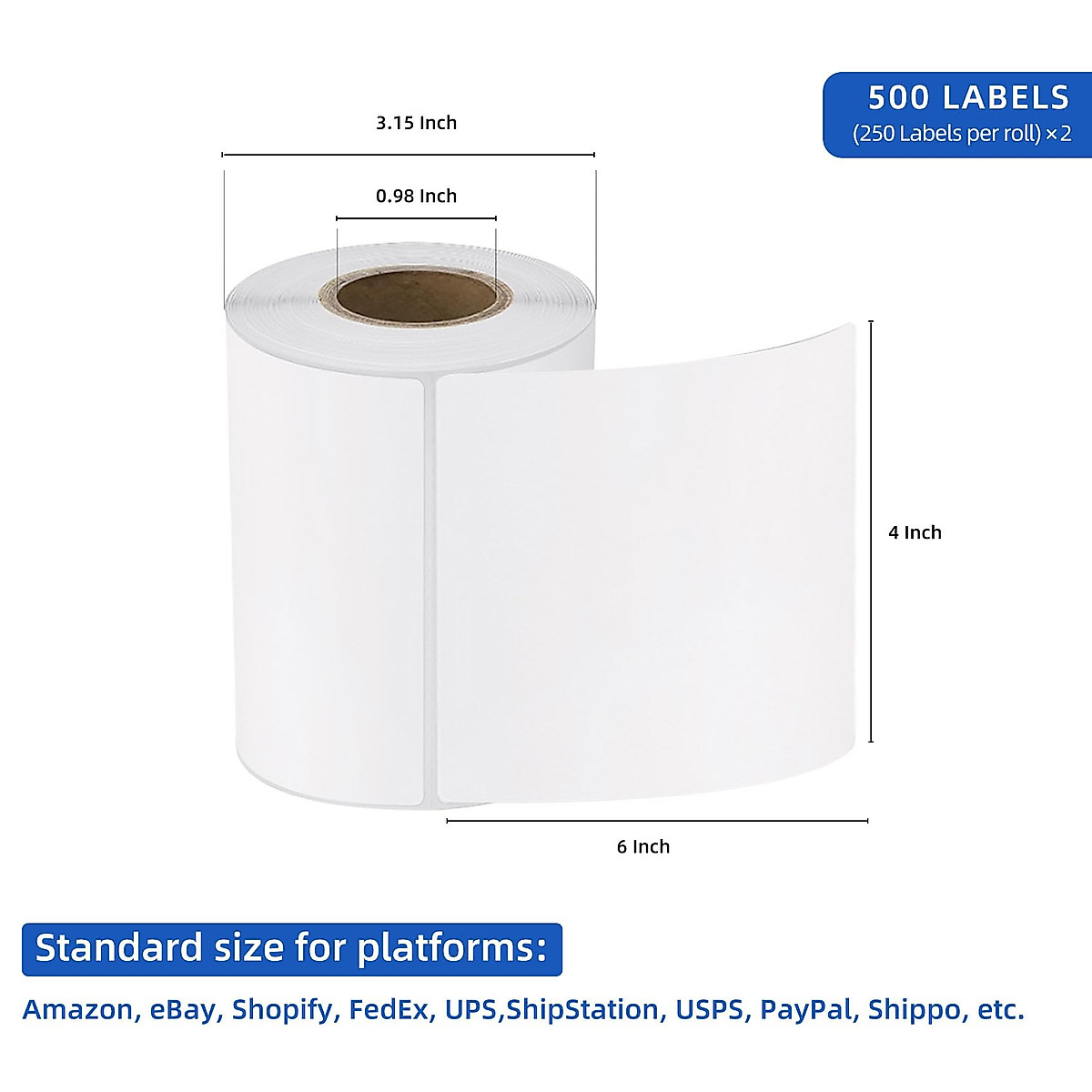 AKOGIRSE 4"x6" Direct Thermal Shipping Labels, 2 Rolls / 500 Labels, Perforated, White Mailing Postage Label Thermal Paper Roll Compatible with MUNBYN Rollo Zebra, Permanent Adhesive, Commercial Grade