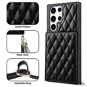 Coolden for Galaxy S23 Ultra Cases 6.8" Quilted Leather Women Luxury Phone Cover Crossbody Strap Kickstand Slim Square Armor Card Holder Slots Wallet Case for Samsung Galaxy S23 Ultra, Black