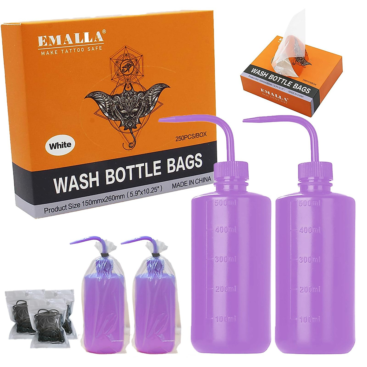 Miuxia Wash Bottle Bags Kit - 250Pcs Safety Wash Bottle Covers 2Pcs 500ml Tattoo Squeeze Bottle 300Pcs Rubber Bands Purple Wash Bottles Scale Labels Watering Tools for Medical Label Tattoo Supplies
