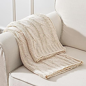 Battilo Cream Ivory Cable Knit Throw Blankets for Couch, Super Soft Warm Cozy Decorative Knitted Throw Blanket for Bed, Sofa, Chair 50"x60"