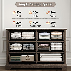 HOSTACK 6 Drawer Double Dresser, Modern Farmhouse Chest of Drawers, Wide Dressers Organizer, Accent Wood Storage Cabinet for Living Room, Hallway, Dark Brown