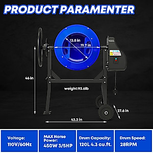 SILVEL 4.3 Cu.Ft. Concrete Mixer Machine, 450W 3/5HP Electric Cement Mixer Machine with Wheel and Stand for Stucco