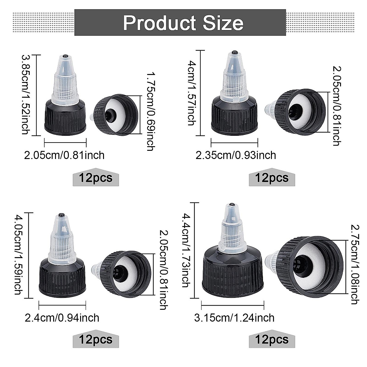 BENECREAT 48PCS 4 Sizes Natural Twist Bottle Cap Black Squeeze Bottle Replacement Caps for Glue Dispensing Bottles, Crafts Repair and Art