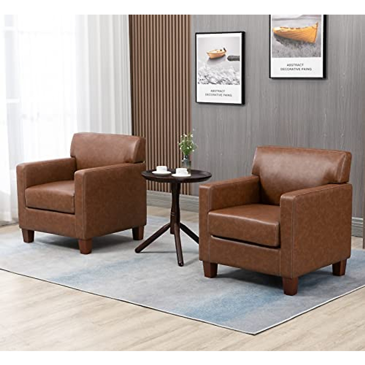 ANOUR Mid Century Modern Accent Chairs,Faux Leather Living Room Chairs with Wooden Legs,Single Sofa Chairs,Upholstered Arm Chairs for Living Room,Bedroom-Brown