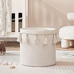 UBBCARE Decorative Cotton Rope Basket-14 x 15 in, Boho Woven Storage Basket with Tassel, Macrame Basket for Organizing Towels, Baby Toys, Cute Storage basket for Nursery