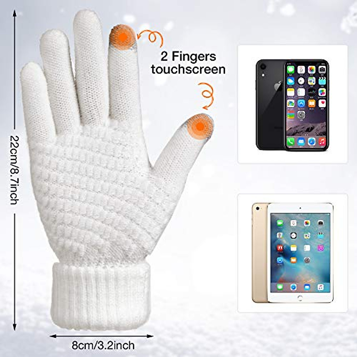 4 Pieces Winter Hat and Gloves Set Women Beanie Hat Gloves Skull Cap Touchscreen Gloves for Women Girl Lady Couple (White and Grey)