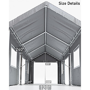 DEXSO Carport 10'x20' Portable Garage Heavy Duty, 1.0 mm Steel Poles & 14 mil PE Tarp, with Front & Rear Doors, 2 Side Doors, and 4 Windows Screen, for Pickup Truck, and Boat, Silver Gray