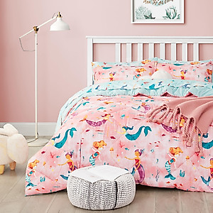 UMCHORD Pink Mermaid Kids Bedding Set for Girls, Twin Size 5 Pieces Bed in a Bag, Super Soft Lightweight Microfiber Comforter Set with Sheets, Hotel Quality Durable Children Bed Set