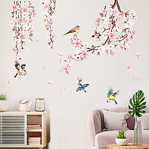 decalmile Cherry Blossom Branch Wall Stickers Pink Flower Birds Wall Decals Bedroom Living Room TV Wall Home Decor