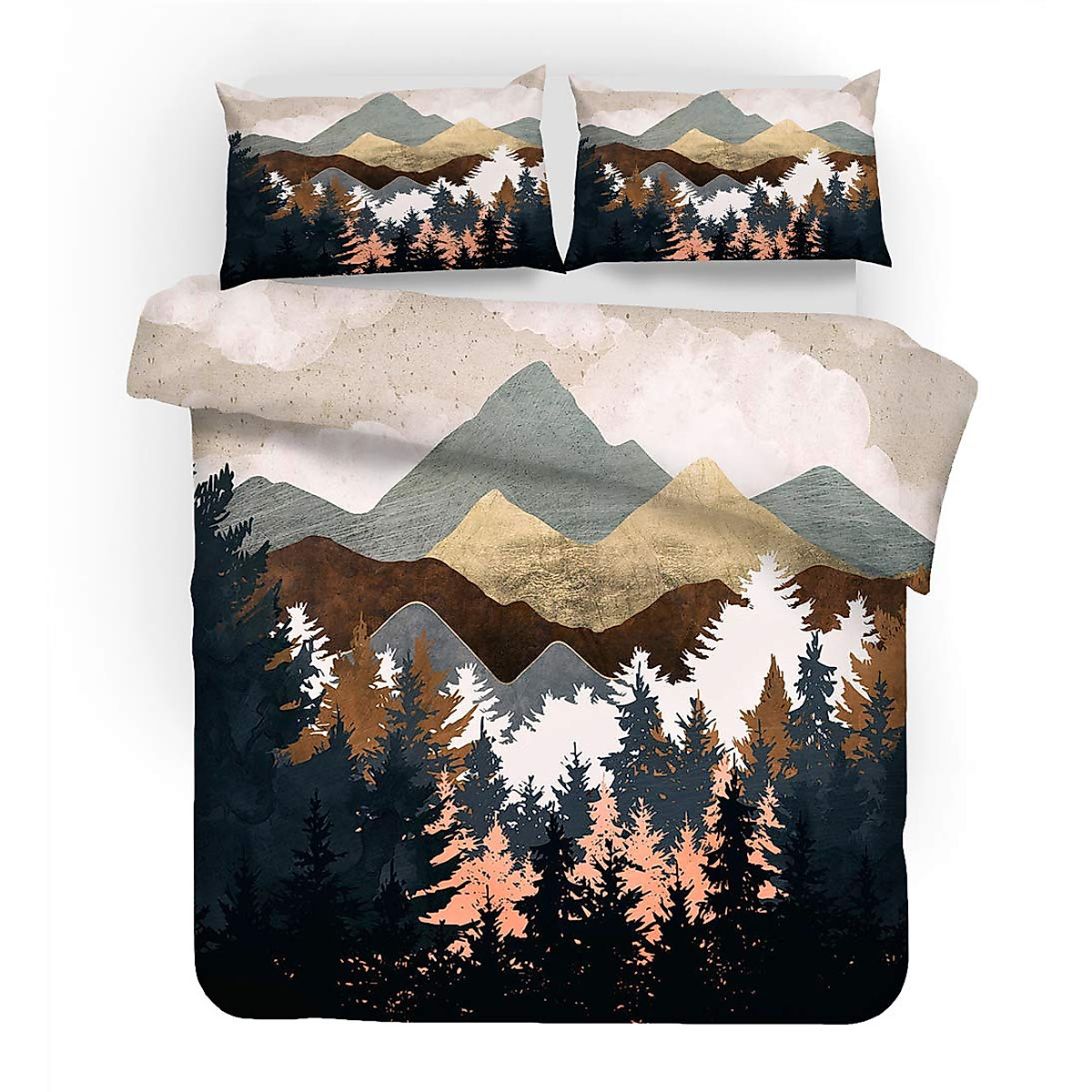 REALIN Hawthorn Bedding 3D Duvet Cover Set Japan Forest Mountain River Bed Sets 2/3/4PCS Quilt Covers/Sheets/Pillow Shams,Twin/Full/Queen/King (Twin-172x218cm-3PCS,E)