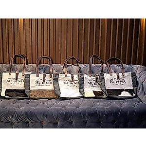 CLA Upcycle Canvas Bag, Handmade Canvas Bag With Leather, Canvas Tote Bag, Canvas Shoulder Bag, Canvas Handbag for Women (Brown Leather - Hair on)