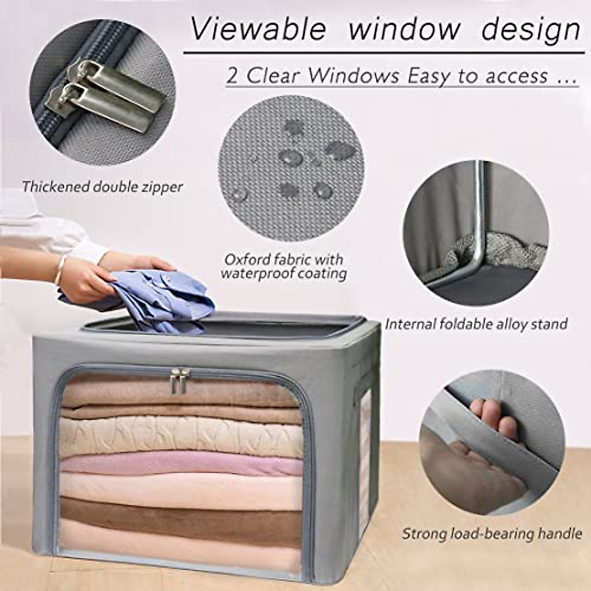 Stackable Clothes Storage Box for Clothing Gadgets,Steel Frame Storage Bins for Bedding Blankets Toys Gift,Foldable Oxford Fabric Closet Organizer Bag Set with Carry Handles and Clear Window (Medium- 40L x3 Pack, Grey)
