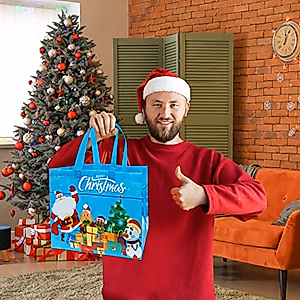 MISS FANTASY 12 Pack Durable Christmas Non-Woven Tote Bags 4 Patterns Reusable Grocery Bags Xmas Party Favors or Shopping Use Christmas Theme 12.8W x 9.8H x 2.8D (Red Blue Green and Golden)