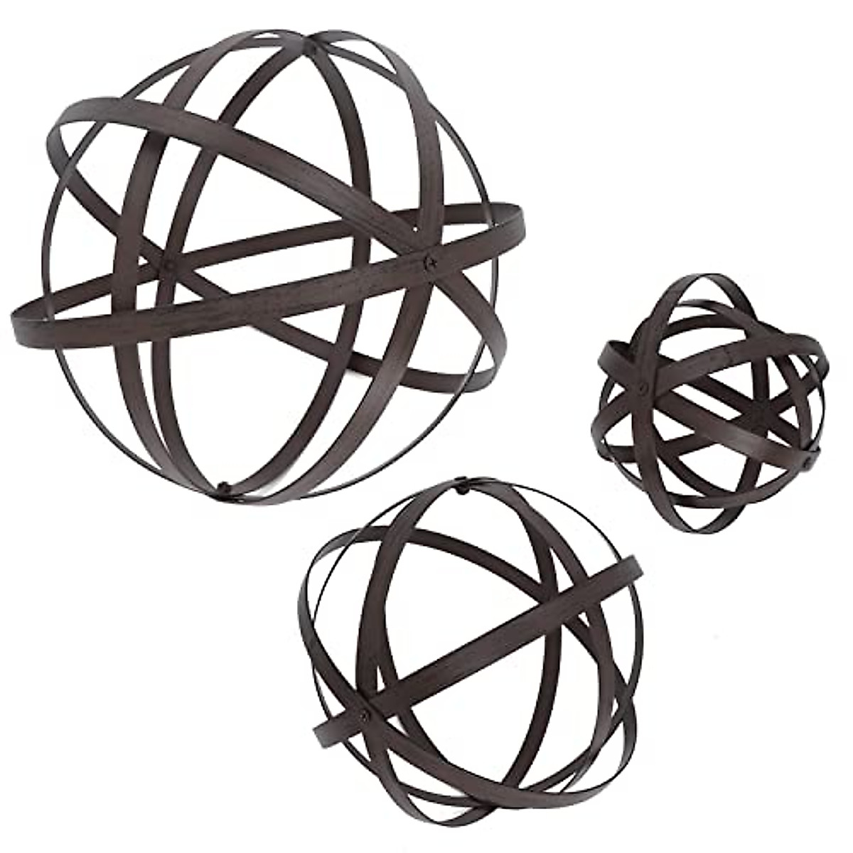 3 PCS Garden Spheres Balls Assorted Size Distressed Metal Band Decorative Sphere Folding Orbs Sculpture for Outdoor Indoor Decorations 7" 10" 12" Diameter (Rusty)