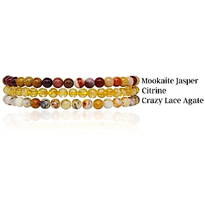 Joy Happiness Attract Positive Energy Stackable Beaded Gemstone Crystal Bracelet Set - Solar Plexus - Citrine, Crazy Lace Agate, Mookaite
