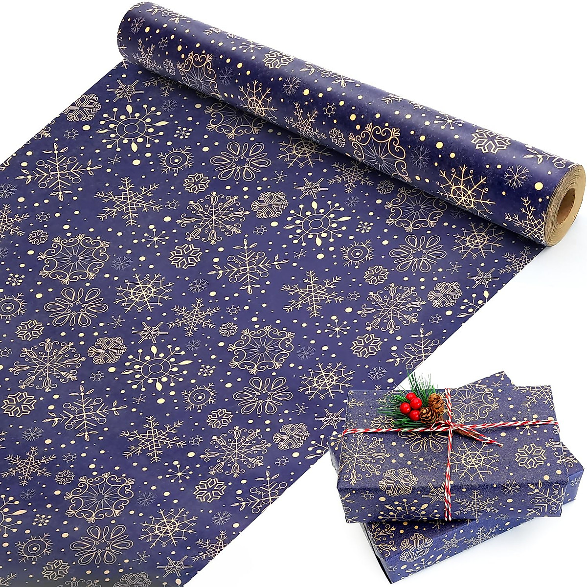 MAMUNU Christmas Wrapping Paper Roll, Navy Blue and Brown Kraft Gift Wrapping Paper Jumbo Roll, Snowflake Recycle Christmas Wrapping Paper for Gift Wrapping Arts Crafts Decorations, 17x590 Inch.