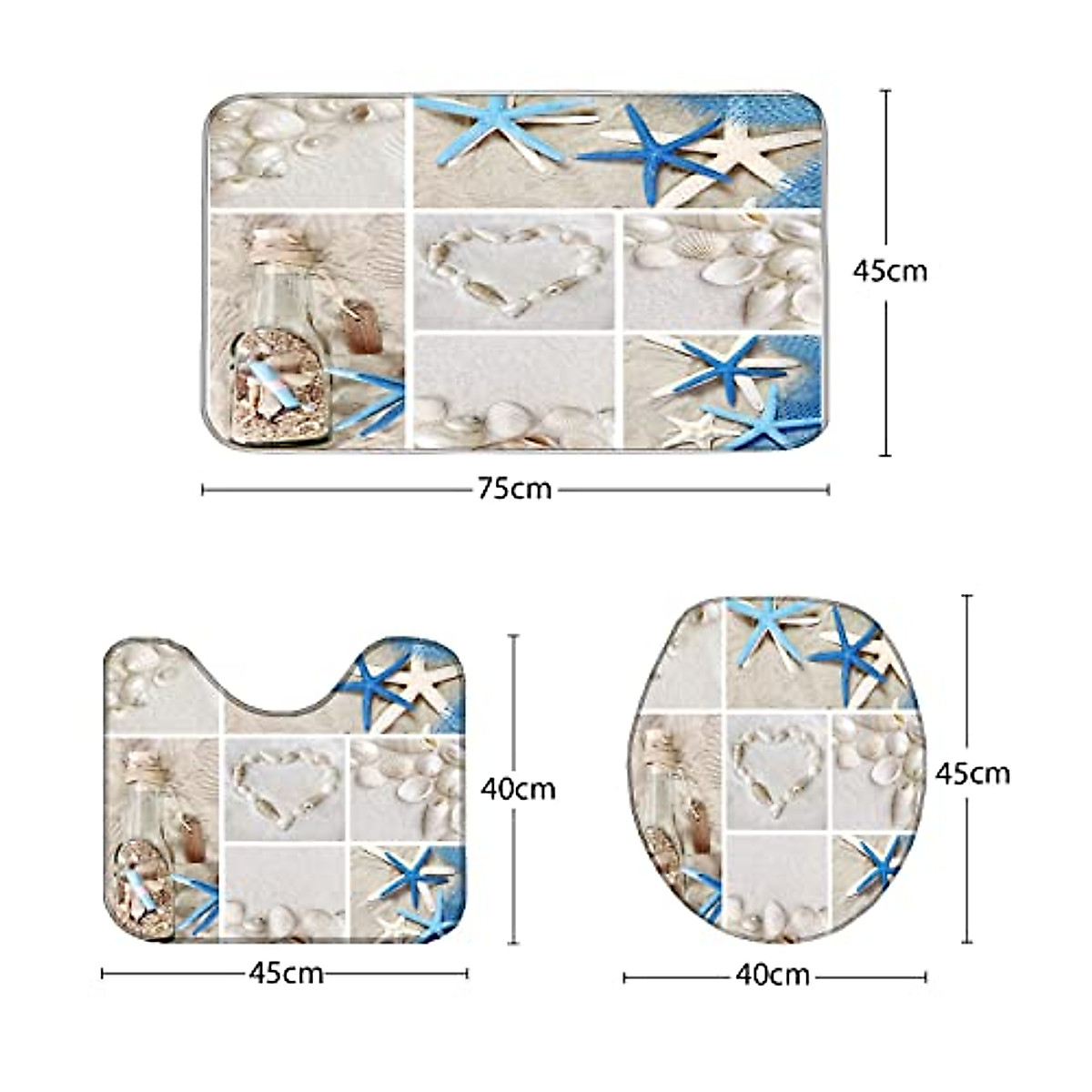 Amagical Blue Starfish Seashell Conch 16 Piece Shower Curtain Bathroom Mat Set Wishing Bottle Love Stone Design Bath Mat Contour Mat Toilet Cover and Shower Curtain with 12 Hooks