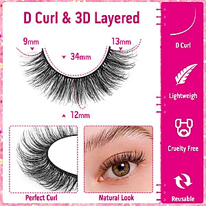 Natural Lashes Cat Eye Wispy False Eyelashes D Curl Lashes Fake Eyelashes Soft Handmade Russian Strip Lashes Pack Look Like Extension Multipack 16 Pairs