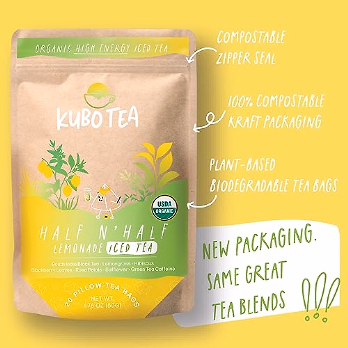 Kubo Tea, Organic High Energy Ice Tea, High Caffeine Blend, 20 Servings (155mg Caffeine each), Pillow Tea Bags, Kraft Packaging, Healthy Coffee Substitute (Half & Half Lemonade)