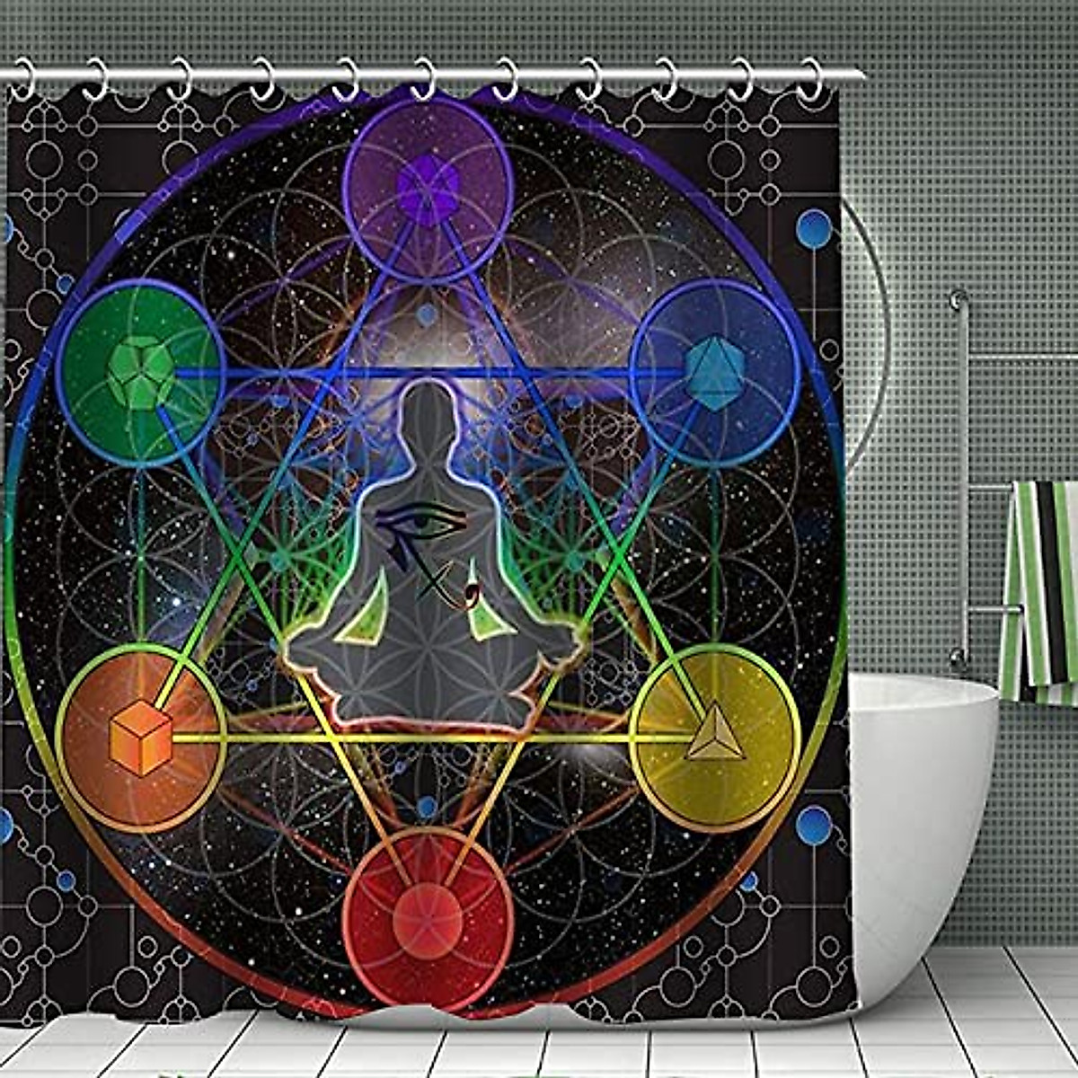 FFjingpu Colorful Chakras Shower Curtain Set Waterproof Washable Polyester Bath Curtain Anti-Slip Rugs Toilet Lid Cover Bath Mat Set（71X71Inch）
