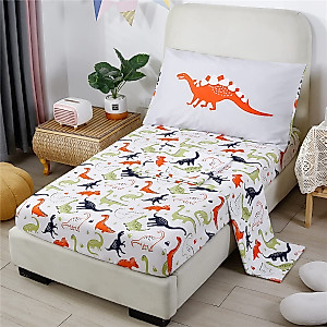 URBONUR 4-Piece Toddler Bedding Set - Ultra Soft Cartoon Jurassic Dinosaur Print Boys Toddler Comforter Set - Include Comforter, Flat Sheet, Fitted Sheet and Reversible Pillowcase, Gray Dinosaur