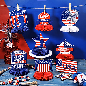 9 Pcs Happy Veterans Day Party Honeycomb Centerpiece Patriotic Table Decorations Veterans Day 3D Table Centerpiece for Table Decor Memorial Day Themed Birthday Graduation Party Supplies