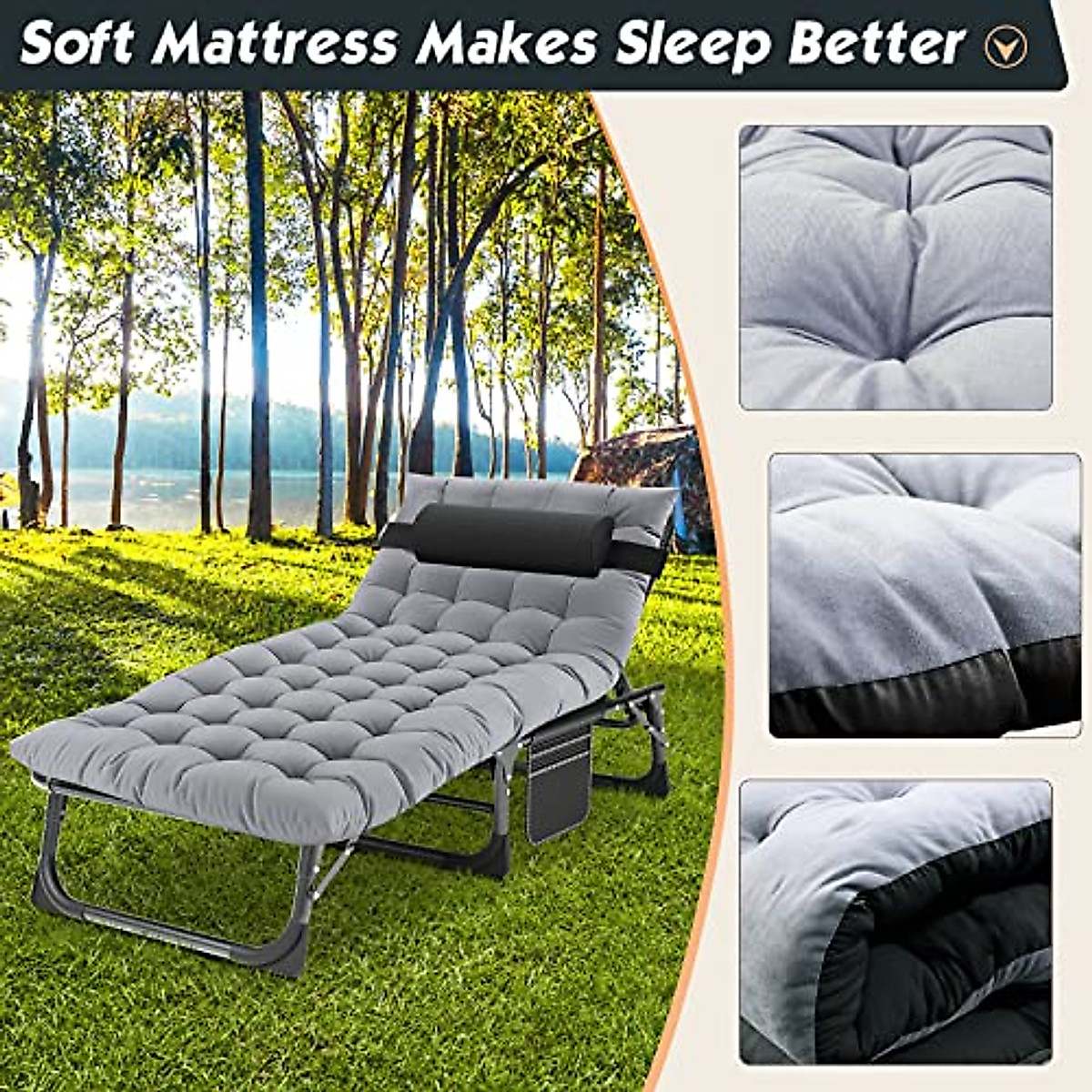 MOPHOTO Folding Lounge Chair 5-Position, Folding Cot, Portable Outdoor Folding Chaise Lounge Chair for Sun Tanning, Perfect for Pool Beach Patio Sunbathing