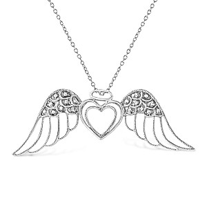 Haus of Brilliance .925 Sterling Silver Pave-Set Diamond Accent Angel Wing 18" Double Heart Pendant Necklace (I-J Color, I1-I2 Clarity)