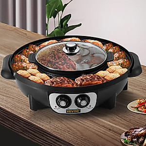 VEVOR 2200W 2 in 1 HotPot Multi-Function Smokeless Dual Temp Control, Hot-Pot Grill with Nonstick Coating for BBQ, Steaks, Shabu, 1200W, Black