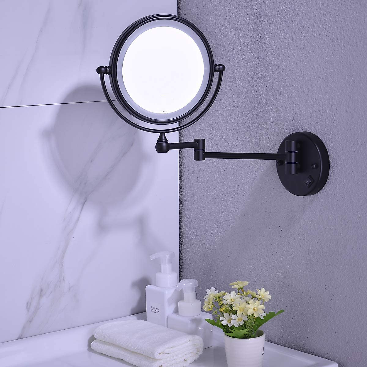 CZQ Makeup Mirror Wall Mounted 10X Magnification, Two Side Vanity Mirror Wall Mount Lighted Extendable Bathroom Mirror, 8 Inch, Chrome Finish, Touch Button Adjustable Light
