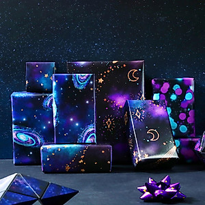 Dtiafu Galaxy Wrapping Paper for Girls Boys Women Men - 12 Sheets Space Gift Wrap Paper with Solar System Planet Sparks Meteors Constellations Great for Birthday Baby Shower - 20 x 28 Inches Per Sheet