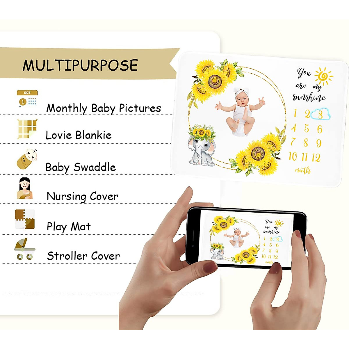 Elephant Milestone Blanket for Baby Girls Boys Soft Sunflower Photography Background Prop Monthly Milestone Trackers Growth Chart Blanket 60" x 40", Nursery Decor