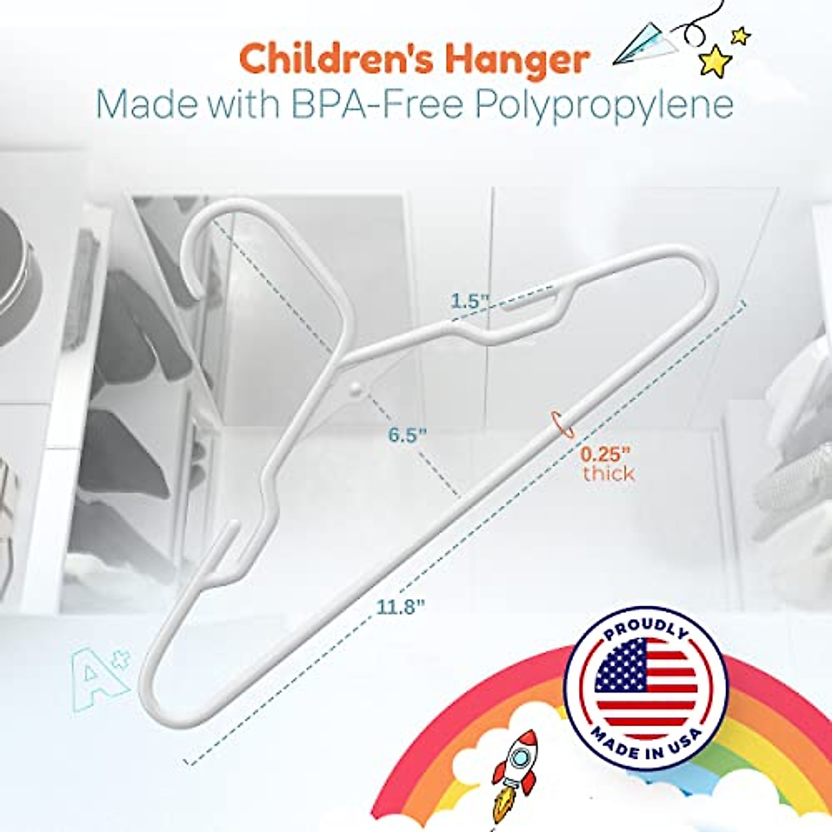 USA-Made Kids Hangers Plastic - Non-Slip Toddler Kid & Baby Hangers for Closet, Slim Children's Hangers for Clothes with Notches, Best Kids Plastic Hangers (White 30 Pack)